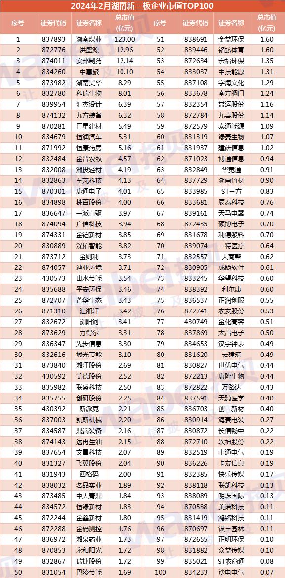2024年2月湖南新三板企业市值TOP100：13家企业冲击北交所-36氪