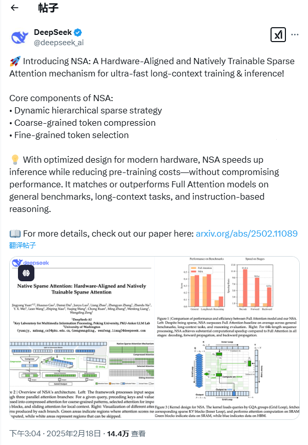 DeepSeek推出NSA，用于超快速的长上下文训练和推理-36氪
